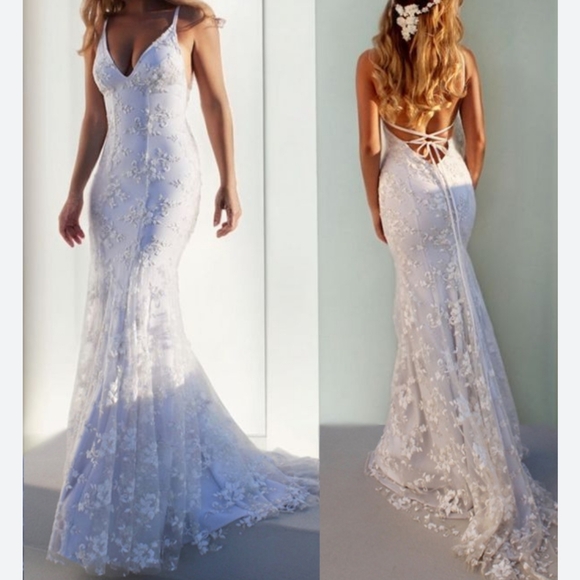 Hebeos | Dresses | Hebeos Lace Crisscross Mermaid Floral Lace Open Back ...